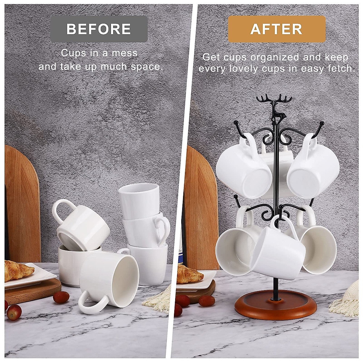 Epicano Mug Holder Tree, Coffee Cup Holder for Countertop, Coffee Mug Display Stand, Coffee Bar Accessories and Decor, 6 Mug Hooks, Gift for Coffee Lover, Metal Black