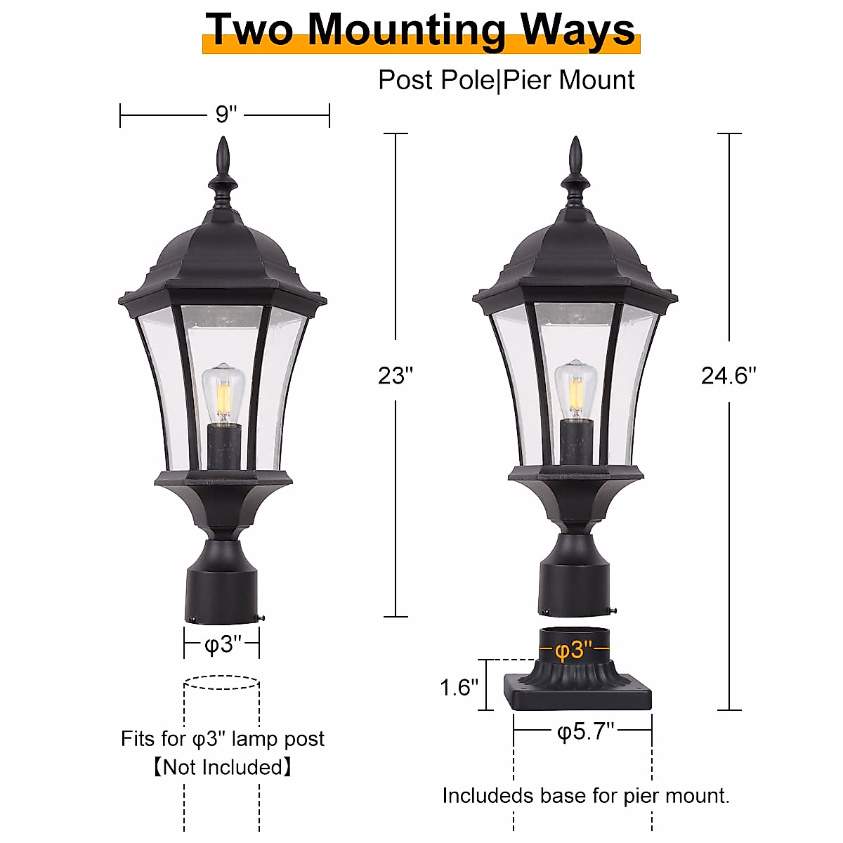 GOALPLUS 24" Aluminum Outdoor Post Light with 3" Fitter Base for Post Pole Mount, 2 Pack Black Exterior Pole Lantern Lights with Seeded Glass, Large Outside Post Lamp for Yard Garden