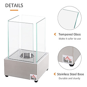 HOMCOM Ethanol Fireplace, 7.75" Tabletop 0.10 Gal Stainless Steel 160 Sq. Ft., Burns up to 2 Hours, Silver