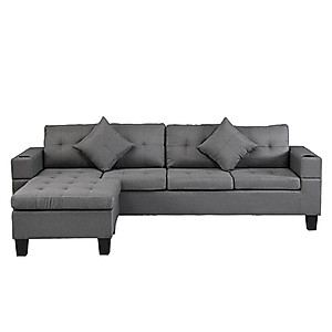 Tiophome Sectional Sofa Set for Living Room with L Shape Lounge, Cup Holder and Left or Right Hand Chaise Modern 4 Seat-Gray Linen Fabric