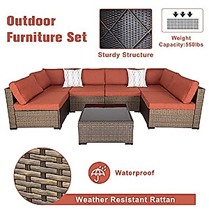 JSUN7 Outdoor Patio Furniture Set, 7 Pieces PE Brown Rattan Wicker Sofa Set, Outdoor Sectional Furniture Conversation Chair Set with Cushions and Tea Table,(Maple Red)