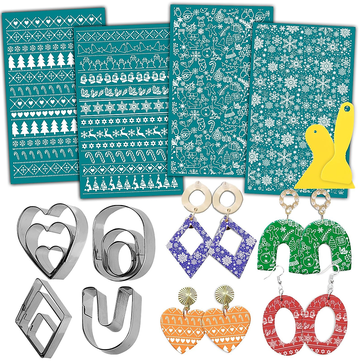 Vellibring Christmas Silk Screen Stencils for Polymer Clay,16Pcs Reusable Silk Screen Print Kit Clay Scraper Polymer Clay Cutters Polymer Clay Kit for Jewelry Clay Making Earrings Decoration Supplies