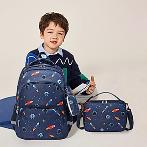 MIRLEWAIY Boys Backpack Purse Set Kids Space Rocket Printed School Bag 15.7 inch Multipocket Bookbag With Insulated Lunch Box And Coin Pouch, Dark Blue Rocket