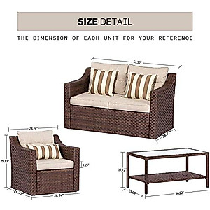 SOLAURA Patio Furniture Set Outdoor Conversation Set All Weather Wicker Furniture 4 Pieces Sectional Sofa Set with Tempered Glass Coffee Table-Brown