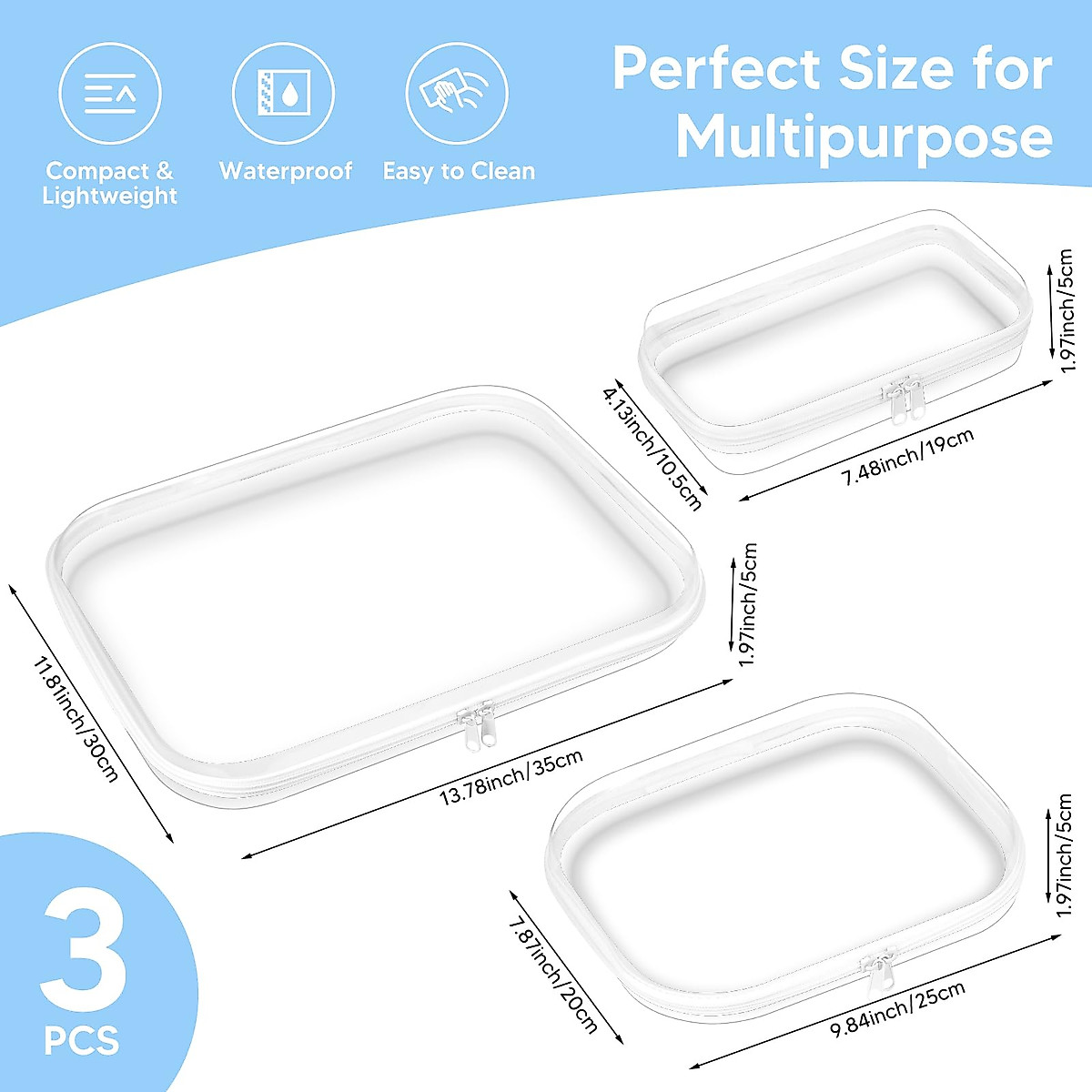 3 Pack Zippered Hard Pouch, Clear Plastic Storage Box Containers Small Toiletry Bag, Clear Hard Shell Zipper Case for Small Items, Toys, Building Blocks, Puzzles, Cosmetics&Stationery, 3 Size (White)