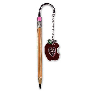 Teacher Bookmark - Pencil Design with Jeweled & Enameled Apple Style Charm - Teacher Appreciation Gift