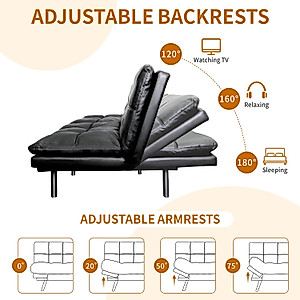 MUUEGM Futon Sofa Bed, 71" Futon Couch Filled with Memory Foam, Modern Loveseat with Adjustable Backrests Armrests, Sofas for Living Room, Game Room, Office, Dormitory.Black Leather
