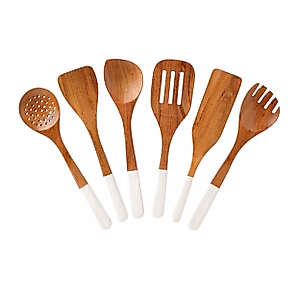 Folkulture Wooden Spoons for Cooking or Cooking Utensils Set, Set of 6 Wooden Cooking Spoons for Kitchen, Non-Stick Cookware Set or Wooden Spoon Set with Spurtle,Fork, Spatula and Strainer (White)