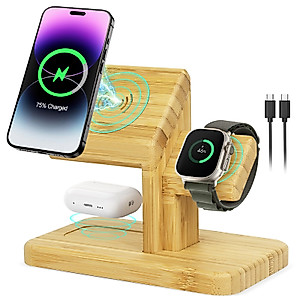 3 in 1 Wireless Charging Station for Apple Devices, CAIROCK Fast 20W Magnetic Bamboo Charger Stand Dock for iPhone 15/14/13/12 Pro/Max/Plus, for Apple Watch 8/7/6/5/4/3/2/SE, for Airpods Pro/2/3