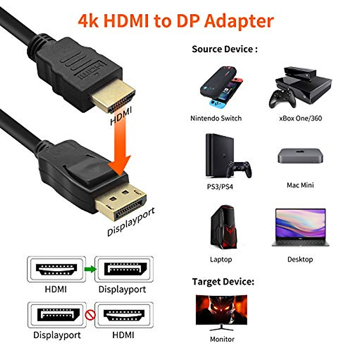 BolAAzuL Active 4K HDMI to Displayport 1.2 Converter Adapter Cable 6FT/1.8M, HDMI Source to DisplayPort Monitor Cable Unidirectional HDMI 1.4 Male to DP 1.2 Male -AHDPC