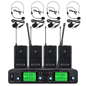 Tbaxo Wireless Microphone System 4 Channel 4 Headset & 4 Lavalier Lapel Mic 4 Bodypacks Dynamic Mics UHF for Conference Meeting Speech Karaoke Party Wedding Church