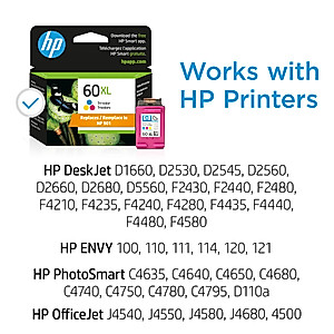 Original HP 60XL Tri-color High-yield Ink Cartridge | Works with DeskJet D1660, D2500, D2600, D5560, F2400, F4200, F4400, F4580; ENVY 100, 110, 120; PhotoSmart C4600, C4700, D110a Series | CC644WN