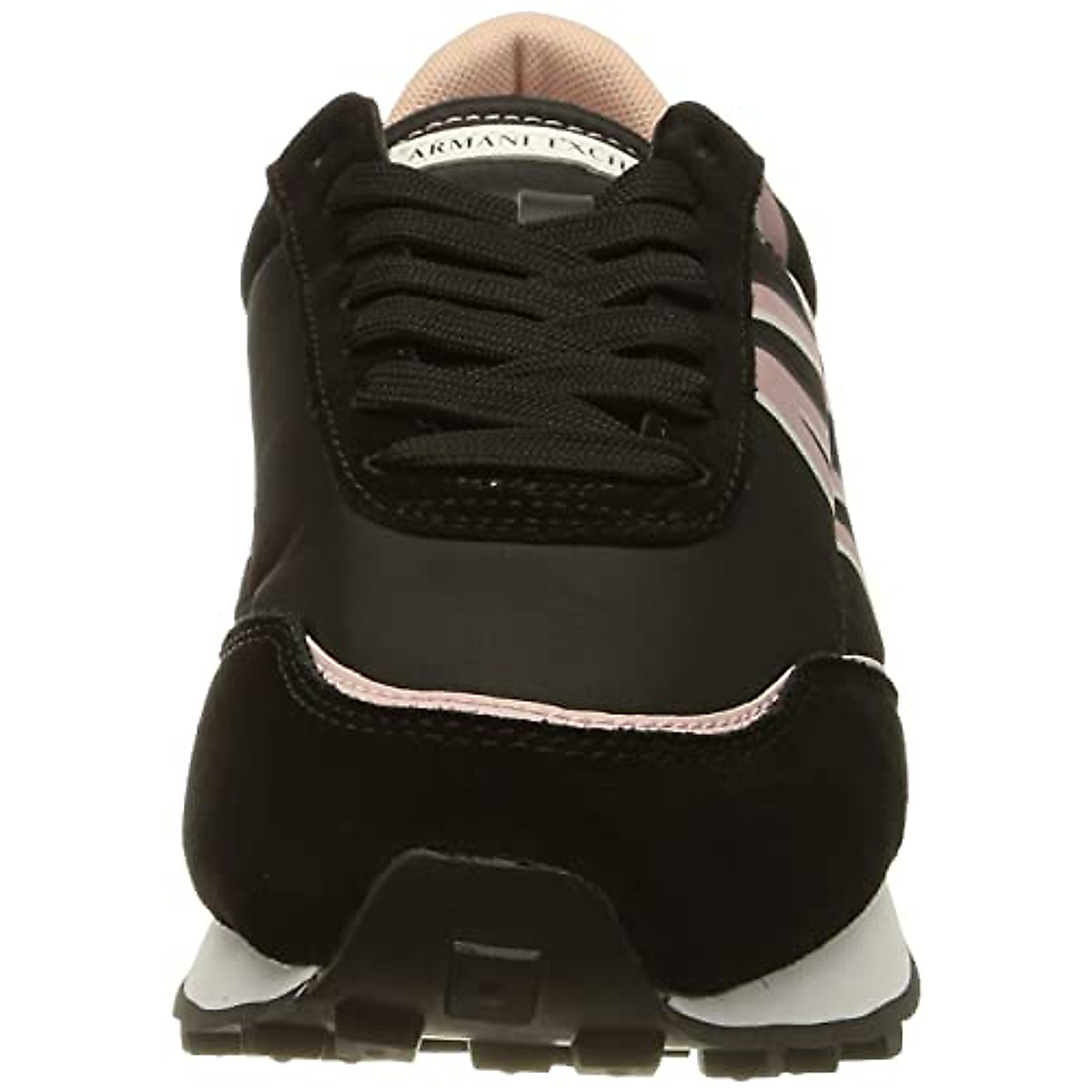 A|X Armani Exchange Women's Contrasting Lettering Logo Lace Up Sneaker with Suede Detailing, Black+Rose, 6