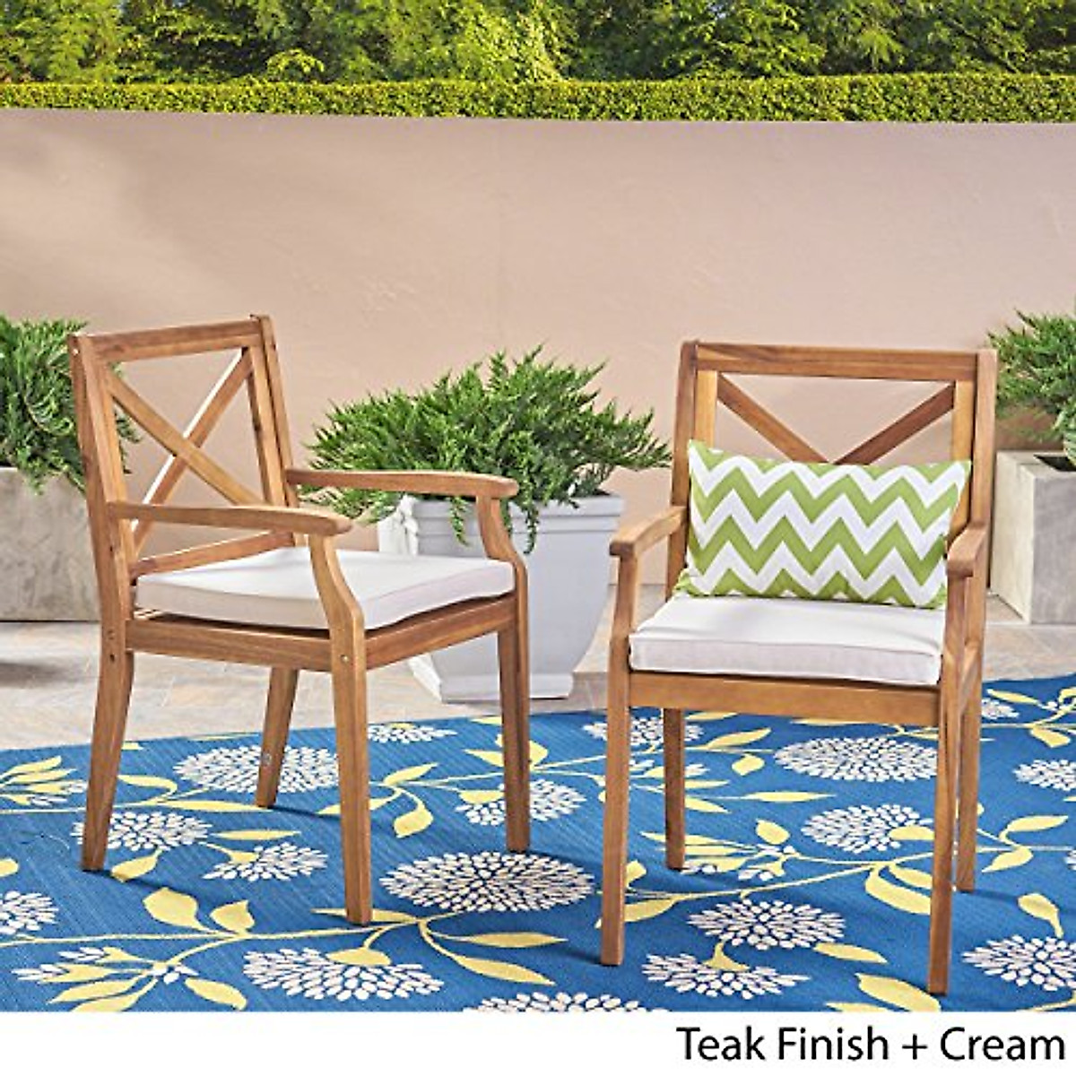 Christopher Knight Home Peter | Outdoor Acacia Wood Dining Chair Set of 2, Teak/Cream Cushion