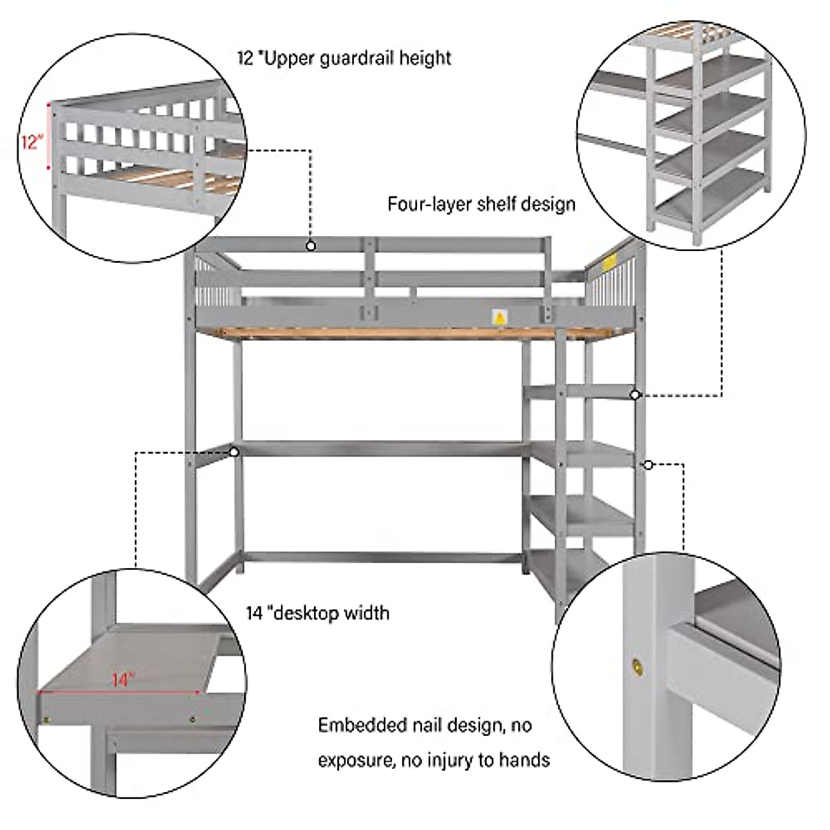Merax Wood Loft Bed with Desk : Twin Size Loft Bed with 4-Storage Shelves and Under Bed Desk Solid Wood Bed, Grey