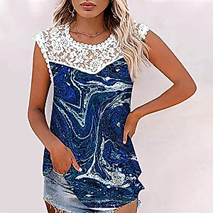 2023 Womens Lace Tank Tops Sleeveless Printed Tops Round Neck Splicing Tank Tops Slim Comfortable Lightweight T-Shirt