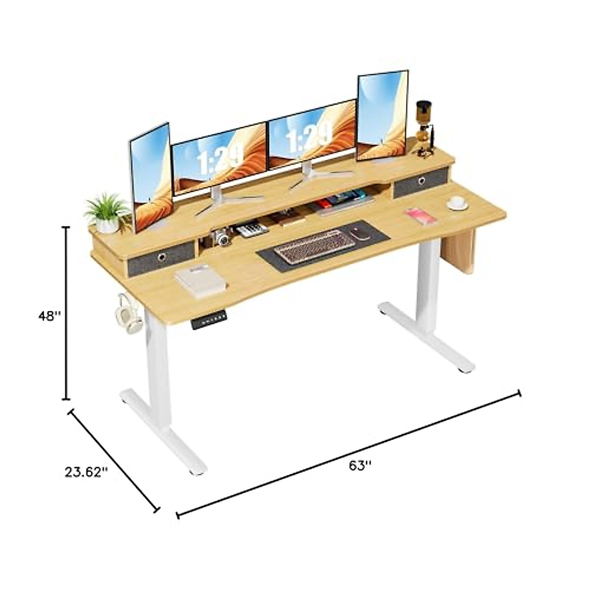 Sweetcrispy Electric Standing Desk Adjustable Height Stand Up Desk, 63 x 24 Inch Sit Stand Desk Adjustable Desk, Home Office Computer Desk with Storage Shelf, Double Drawer, Splice Board, Oak Desktop