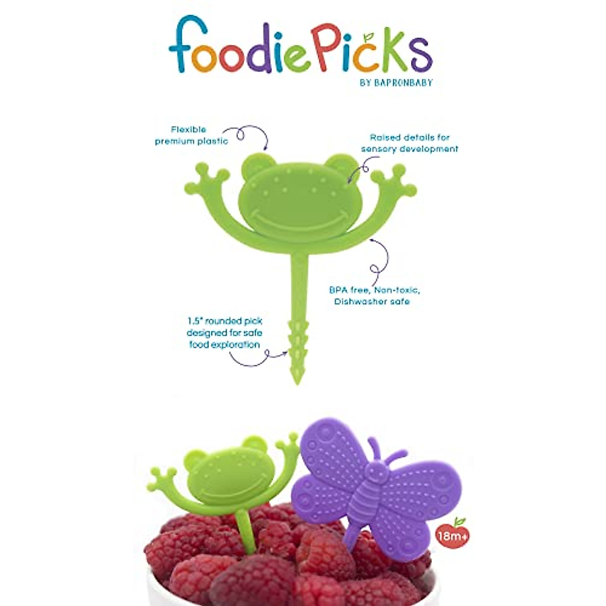 BapronBaby Garden Foodie Picks (2 Pack - Frog & Butterfly) - Toddlers + Preschoolers Utensils - BPA Free - Dishwasher Safe - Self Feeding - 18 Months+