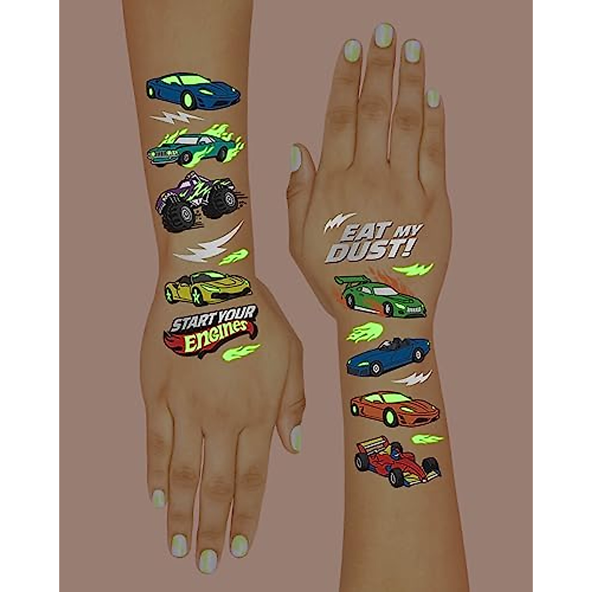xo, Fetti Cars Glow in Dark Temporary Tattoos for Kids - 42 pcs | Monster Truck Birthday Party Supplies, Race Car Favors Decorations