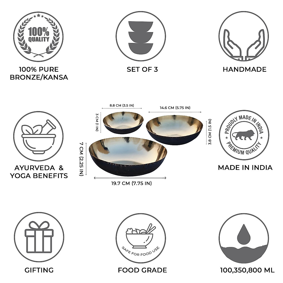 De Kulture Ayurveda Pure Kansa Bronze Nested Bowls Set of 3 for Biryani, Ramen, Noodle, Macaroni, Spaghetti and Pasta, Ideal for Serving & Dining Table Decoration