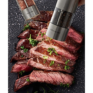 GZOOGHOME Electric Salt and Pepper Grinder Set - Battery Operated Automatic One Handed Salt Pepper Mill with Funnel and Bottom Cap - Ceramic Grinders with Lights and Adjustable Coarseness