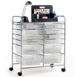 COSTWAY 12-Drawer Rolling Storage Cart, Moveable Art Craft Organizer W/Lockable Wheels, Metal Shelf, Files Arrangement Tools Makeup Storage Cart for Office, Home, School (Clear)