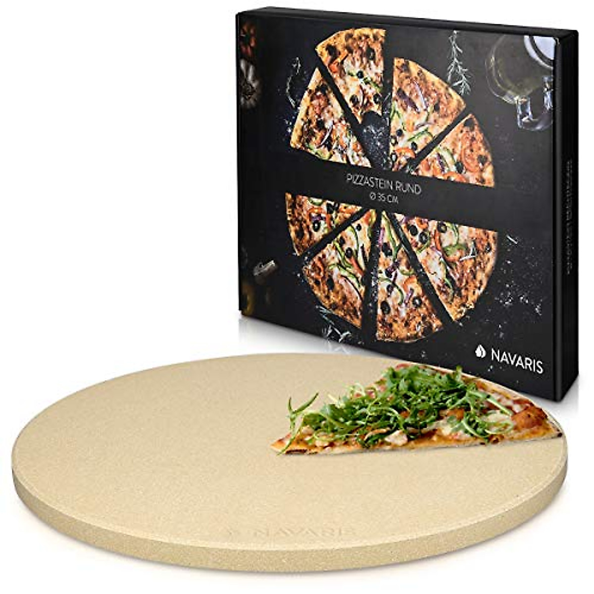 Navaris 14 Inch Round Cordierite Pizza Stone - XXL Baking Stone for BBQ Grill Oven for Homemade Crispy Crust Pizza, Bread, Cheese - Incl. Recipe Book