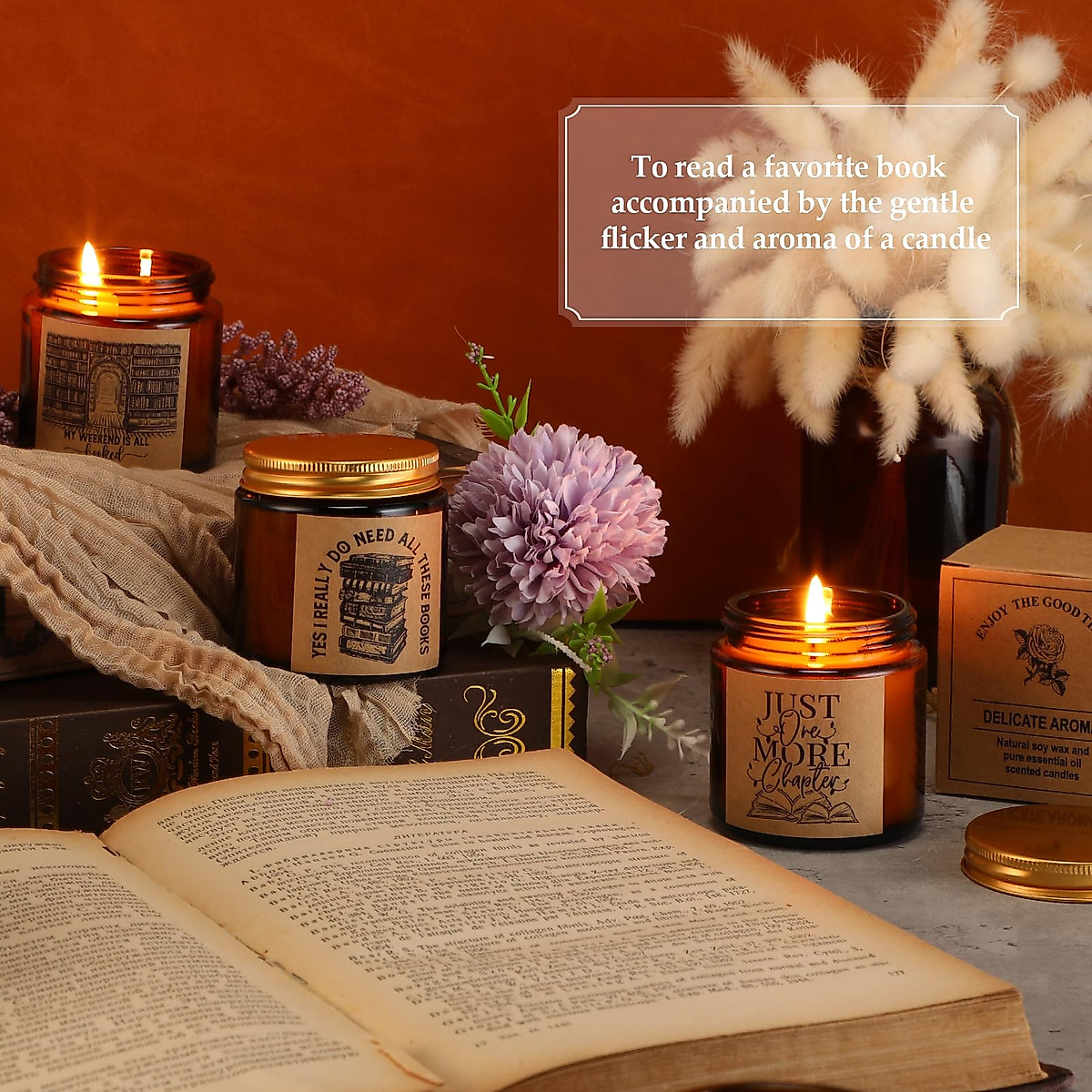 MTLEE 6 Pcs Christmas Book Lover Gifts 3.5 oz Book Scented Candle Library Rustic Bookshelf Sign Soy Wax Jar for Readers Writers Club Decorations Team Gifts for Employees Teacher Office (Brown)