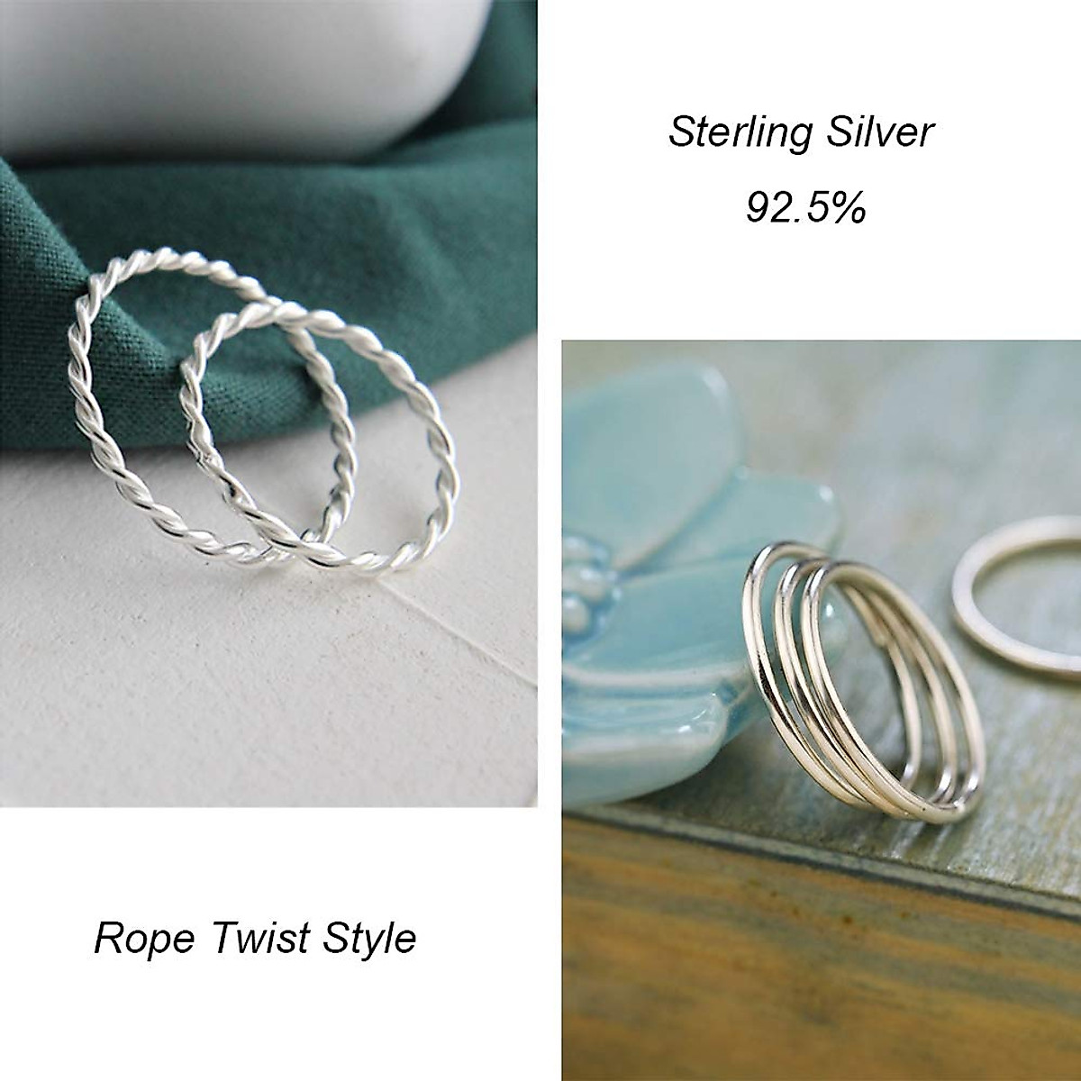 SILBERTALE Stacking Knuckle Rings for Women Men Sterling Silver Thin Twist Rope Stackable Rings Set Pinky Rings Size 2.5