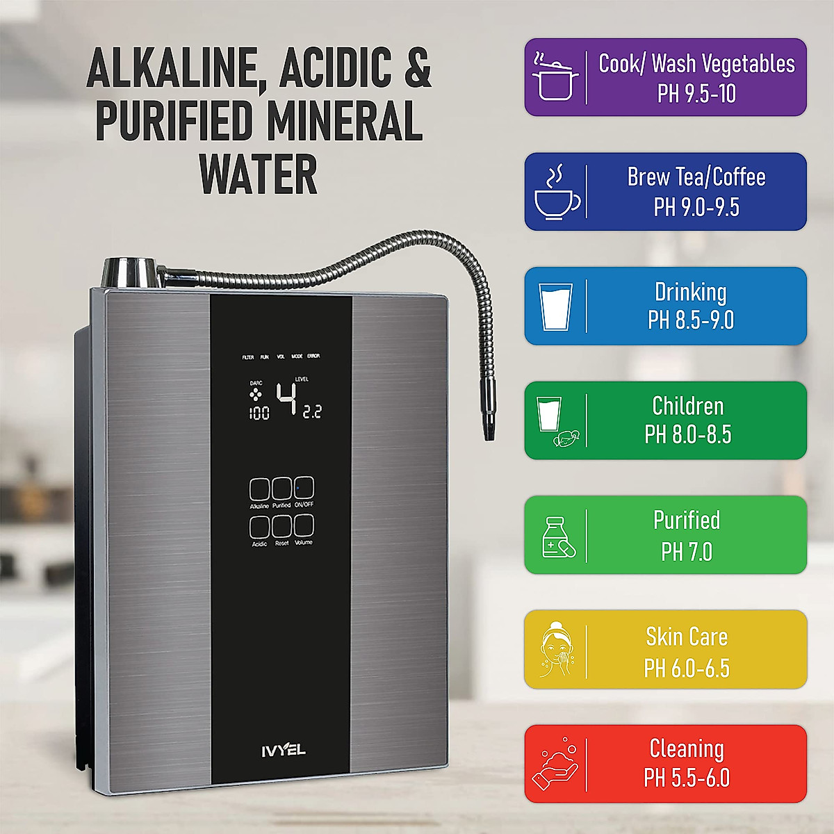 Korea-Made Ivyel PL Alkaline Water Machine,Water ionizer, Produces ph 8.5-10.0 Alkaline Water/Acidic Water/Hydrogen Water/Water Purifier Filter/Ionized Water/Antioxidant Water