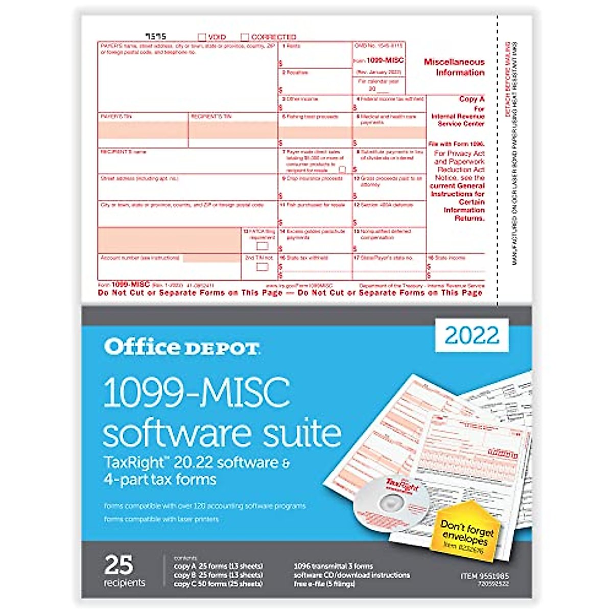 Office Depot® Brand 1099-MISC Laser Tax Forms with Software, 4-Part, 2-Up, 8-1/2" x 11", Pack of 25 Forms