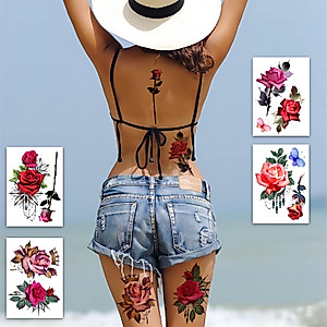 ROARHOWL Stunning rose flower temporary tattoos, large rose fake tattoos for women,rose tattoo set (Rose 1)