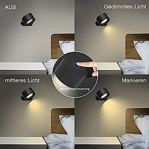 Raiseking LED Rechargeable Wall Sconce, Wall Mounted Lamp with 2000mAh Battery Operated USB Port 360°Rotate Magnetic Ball, Cordless Wall Light for Reading Study Bedside (Black-Touch Control)