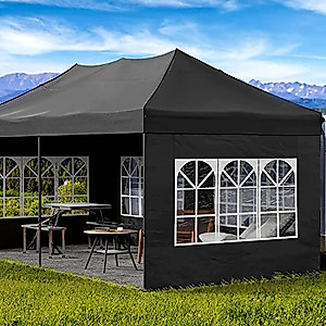 JOINATRE S-69 10'x20' Heavy Duty Pop Up Canopy Tent, Commercial Instant Canopy with Sidewalls, Outdoor Canopy Tent with 4 Sand Bags & Roller Bag, Waterproof Tent for Patio, Backyard, Garden, Black