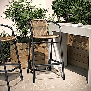 Flash Furniture Lila Commercial Grade Rattan Indoor-Outdoor Commercial Restaurant Barstool - Rattan Seat and Back - Footrest - Medium Brown