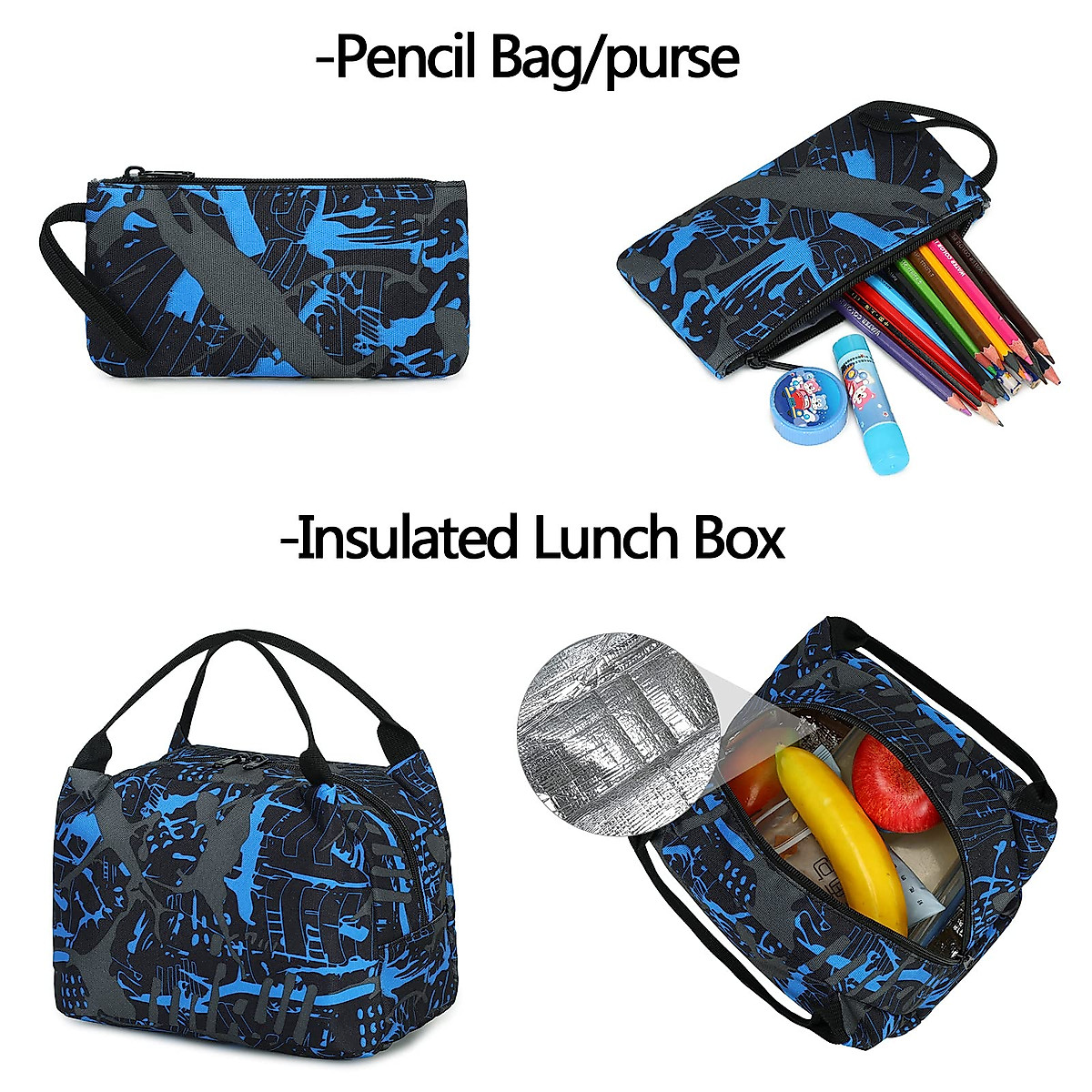 Bluboon School Backpack for Boys Teens Bookbag Travel Daypack Kids Girls Lunch Bag Pencil Case (Blue-3pcs)