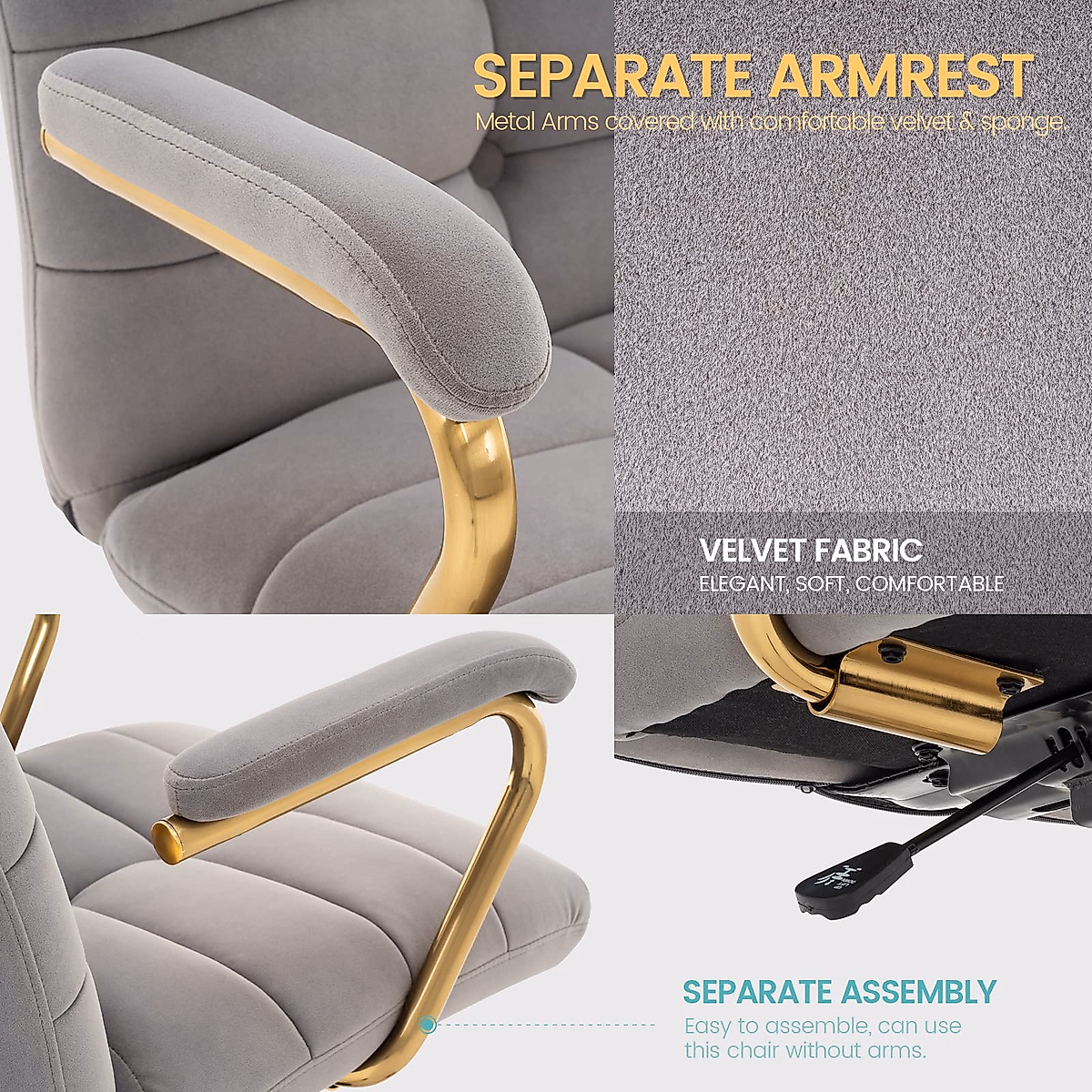 MFD LIVING Velvet Home Office Desk Chair, Upholstered Adjustable Swivel Task Chair with Wheels, Tufted Mid-Back Computer Chair with Arms, for Study Living Room Vanity (Grey, Gold Base)