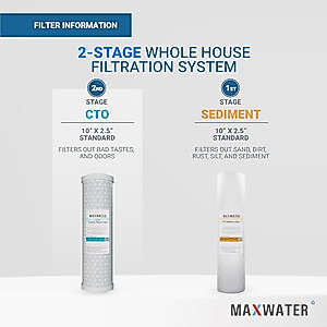 Max Water 2 Stage (Sediment, Odor & Improving Taste) Whole House 10 inch, Standard Water Filtration System - Clear Housing - Sediment + CTO - ¾" Inlet/Outlet