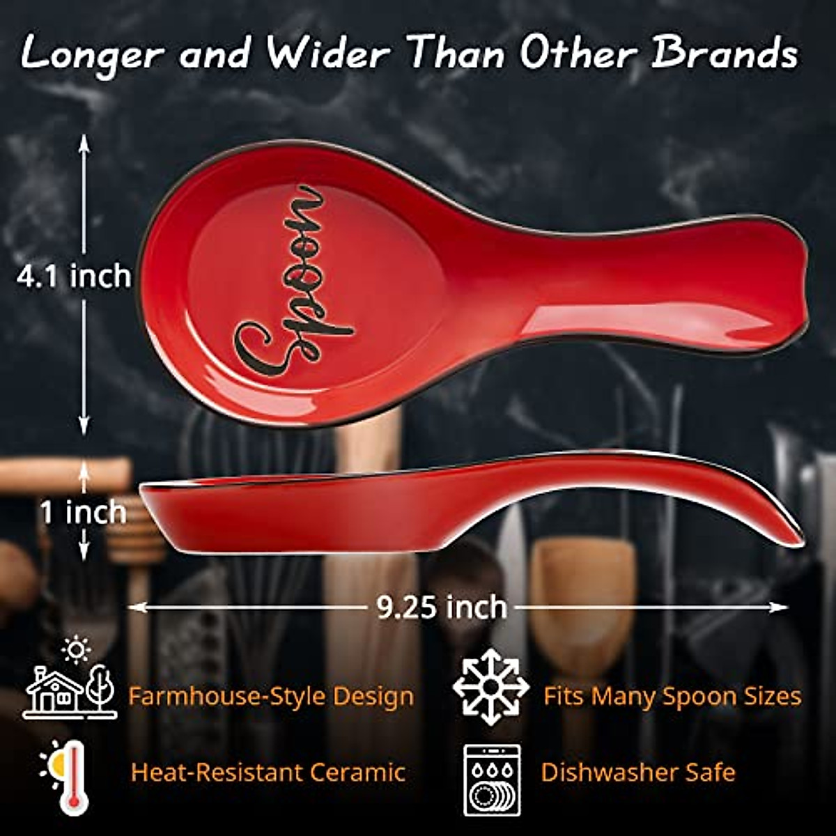 Ceramic Spoon Rest for Stove Top, DAYYET Large Spoon Holder, Spoon Rest for Kitchen Counter, Spatula Holder Utensil Rest for Ladles, Tong, Modern Kitchen Decor, Red
