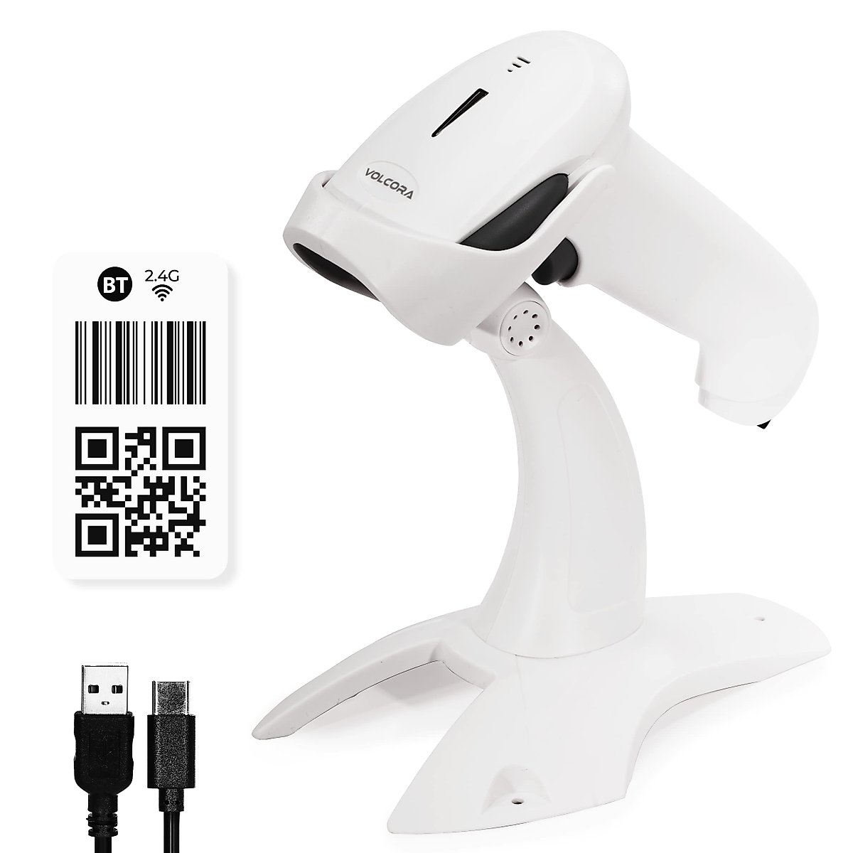 Wireless Bluetooth Barcode Scanner, QR Code Scanner, USB Portable Handheld Scanners w/Stand Connect w/Tablet/Phone/PC, 1D & 2D Inventory Scanner, Symbol Barcode Scanner for Retail & Warehouse, White