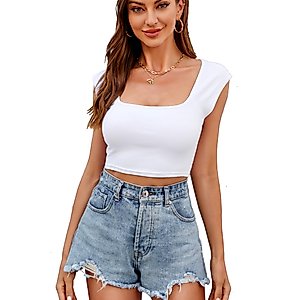 VIDUSSA Summer Crop Tops for Women - Stretchy Casual Rib-Knit Square Neck Shirt Tank Tops White L