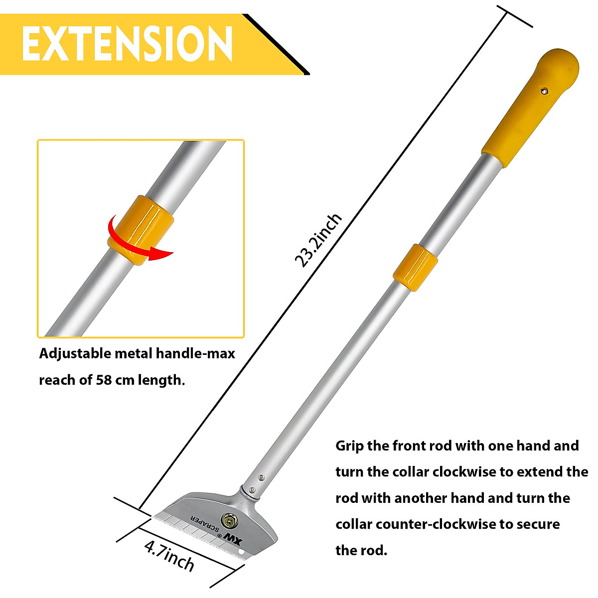 XW Razor Blade Scraper with Adjustable Handle, 23" Long Handle Heavy Duty Floor Scraper, Extra 10 PCS Blades Included
