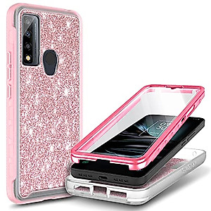 NZND Case for TCL 20 XE with [Built-in Screen Protector], Full-Body Protective Shockproof Rugged Bumper Cover, Impact Resist Durable Phone Case (Glitter Rose Gold)