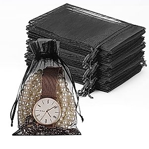 100PCS Premium Sheer Organza Bags, Black Wedding Favor Bags with Drawstring, 4x6 inches Jewelry Gift Bags for Party, Jewelry, Festival, Makeup Organza Favor Bags,net gift bags,drawstring goody bags