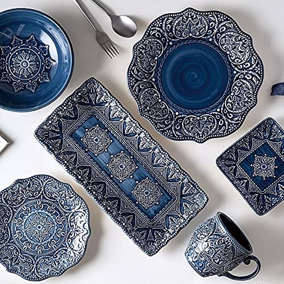 EVANEM Dinner Plate Set Retro Ceramic Tableware Tableware Set Embossed Western Plate Tableware Steak Plate Round Salad Noodle Soup