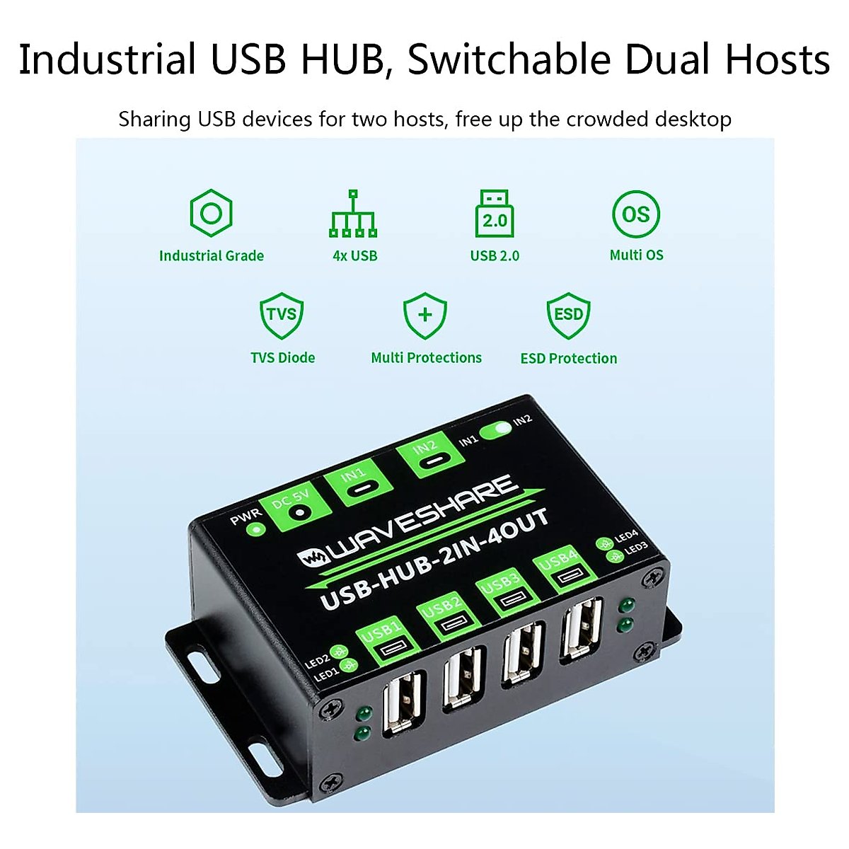 Industrial Grade USB HUB with 4X USB 2.0 Ports, Switchable Dual Hosts, Support Multi System Multi Protections ESD Protection TVS Diode Compatible with Linux, Windows 11/10 / 8.1/8 / 7 / XP