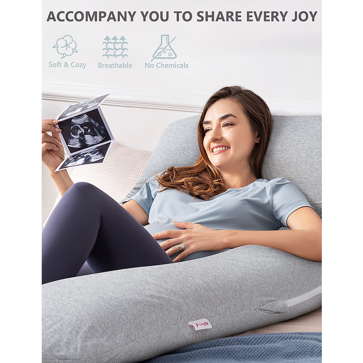 AngQi Pregnancy Pillows, U Shaped Pregnancy Body Pillow for Sleeping, 55 inch Maternity Pillow for Pregnant Women with Cooling Jersey Cover, Grey