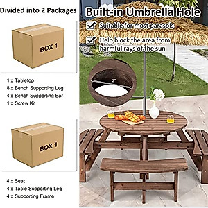 Tangkula 8 Person Wood Picnic Table, Outdoor Round Picnic Table with 4 Built-in Benches, Umbrella Hole, Outside Table and Bench Set for Garden, Backyard, Porch, Patio, 500lbs Capacity Per Bench