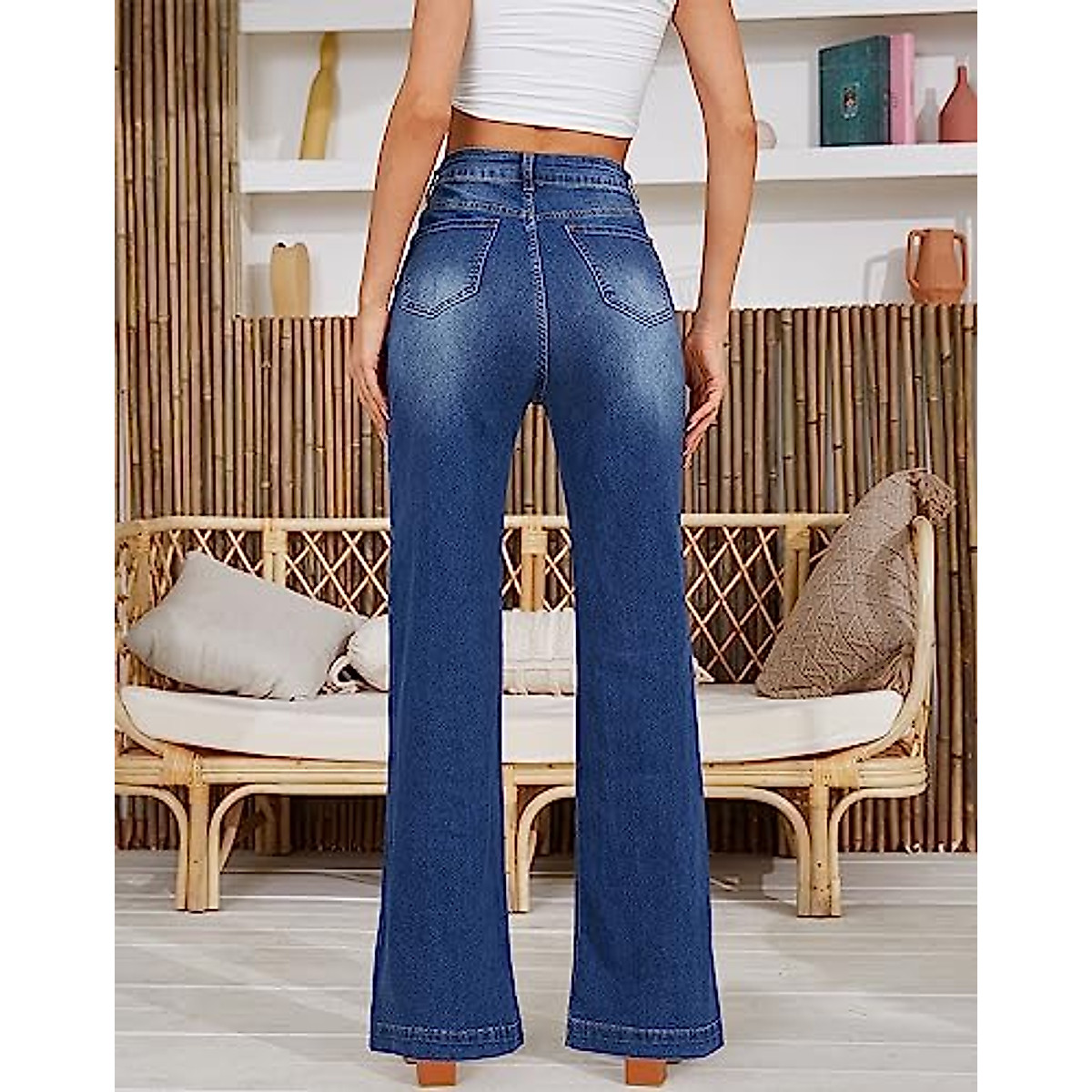 Qazel Vorrlon Wide Leg Jeans High Waisted Flare Baggy Jeans for Women Boyfriends Straight Jeans Stretch Denim Pants Trendy Y2K Dark Blue