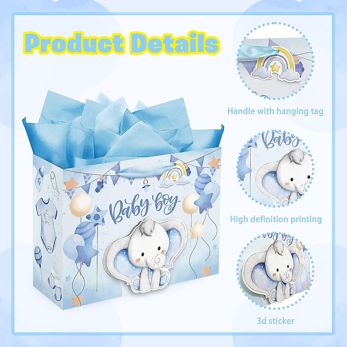 Mpanwen 16" Large Baby Boy Gift Bag for Boy, 3D Making Blue Elephant Theme Baby Gift Bag with Tissue Paper and Greeting Card
